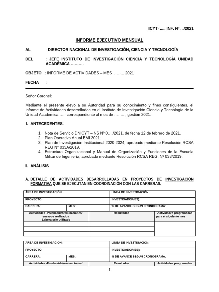 Formato de Informe Ejecutivo Mensual - Jefe Iicyt | PDF | Science