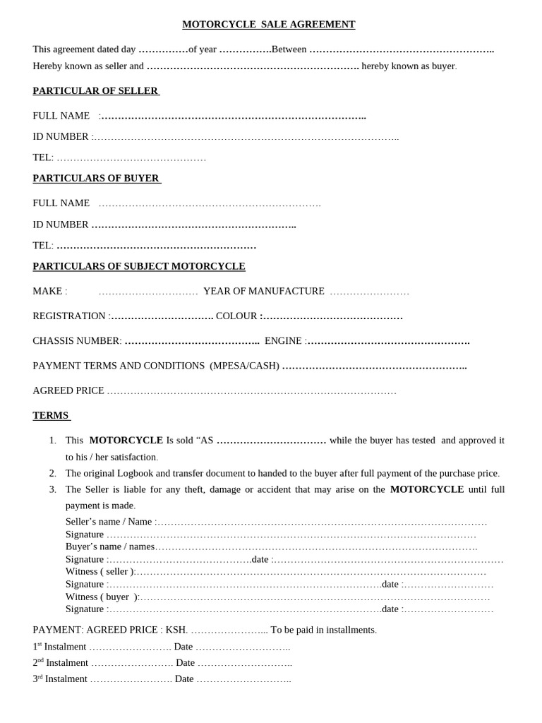 Motorcycle Sale Agreement Template | PDF