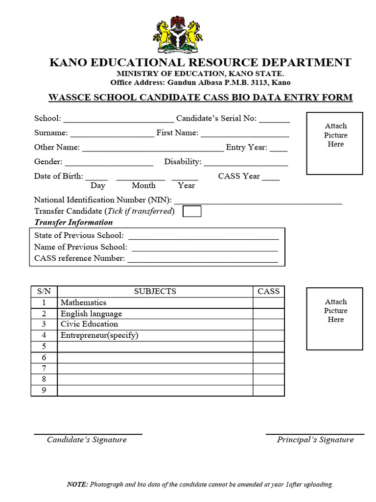 2024 Wassce Cass Form | PDF