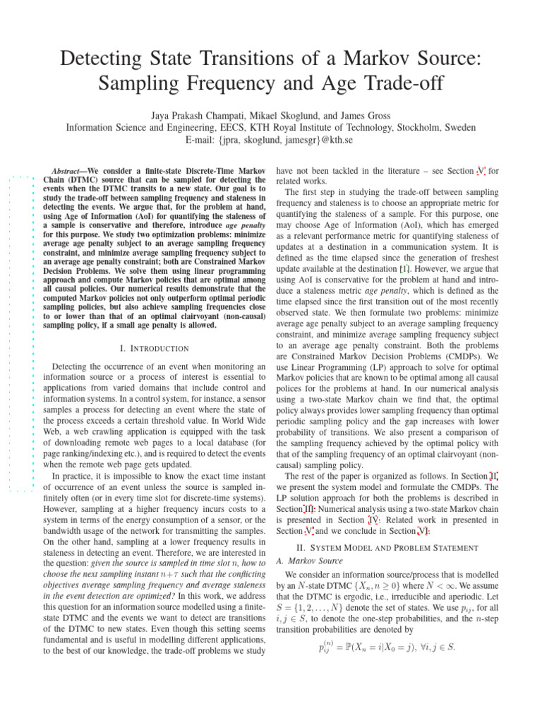 Detecting State Transitions of A Markov Source: Sampling Frequency and Age Trade-Off | PDF ...