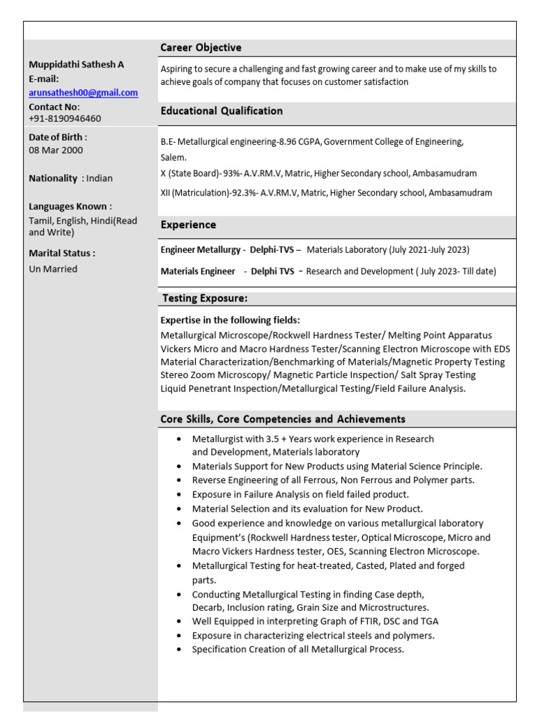Metallurgical Engineer CV - Muppidathi Sathesh | PDF | Heat Treating ...