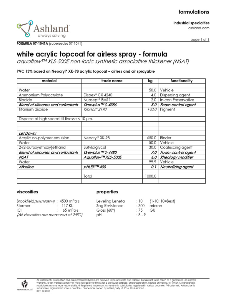 FORM 07-1041A White Gloss Acrylic Topcoat Airless Sprayable PVC 13 Neocryl XK-98 Af Xls-500e ...