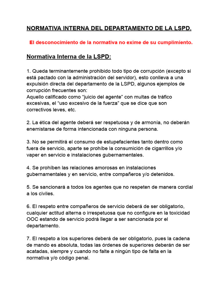 Normativa Interna LSPD: Reglas y Prohibiciones | PDF | Tráfico | Policía