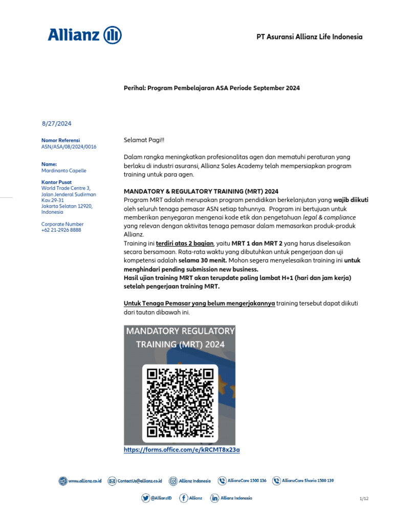 ASA0016-Memo Pelaksanaan Training September 2024 | PDF