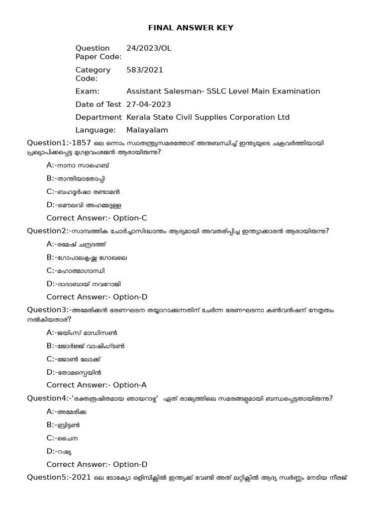 Final Key Asst Salesman Malayalam | PDF