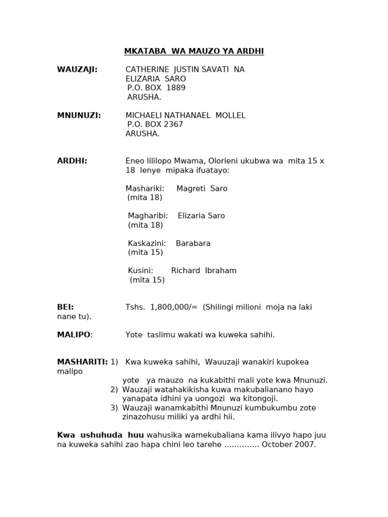 Mkataba wa Mauzo ya Ardhi Arusha | PDF | Sports & Recreation