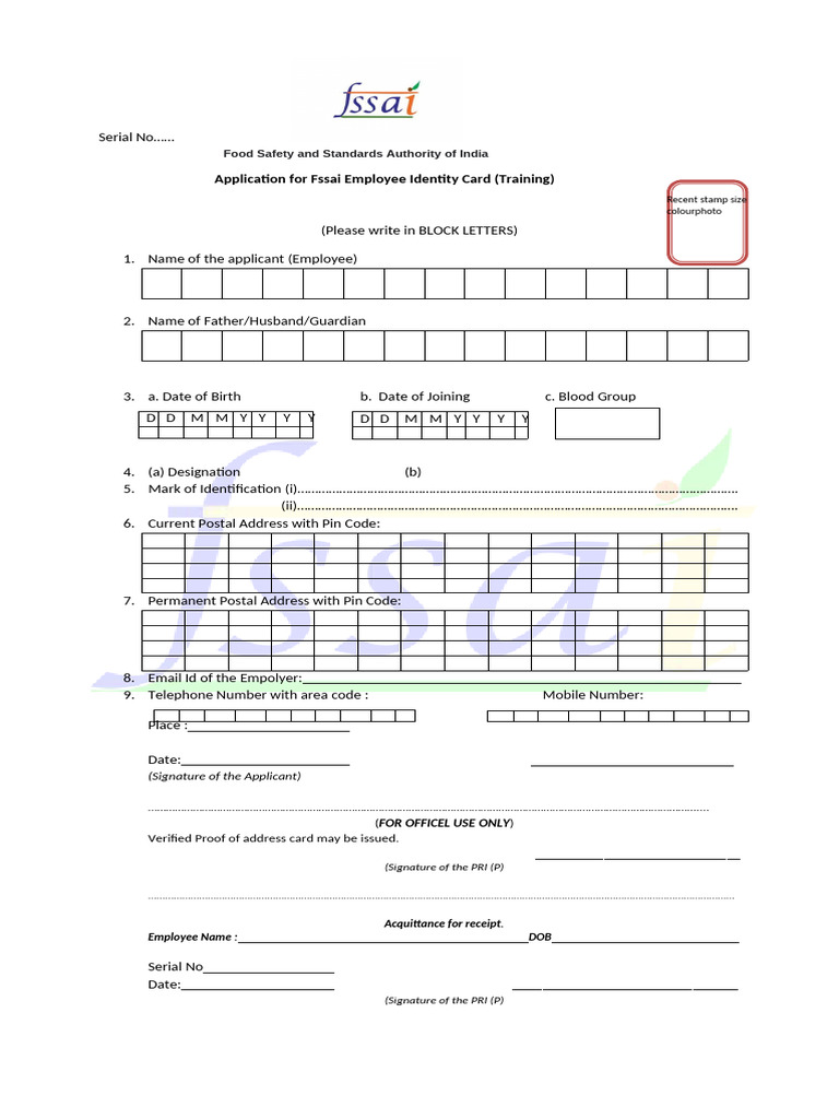 Fssai Id Card Form | PDF