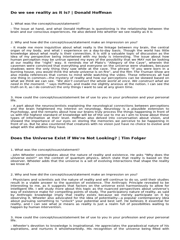 Exploring Reality: Perception vs. Existence | PDF | Reality | Existence