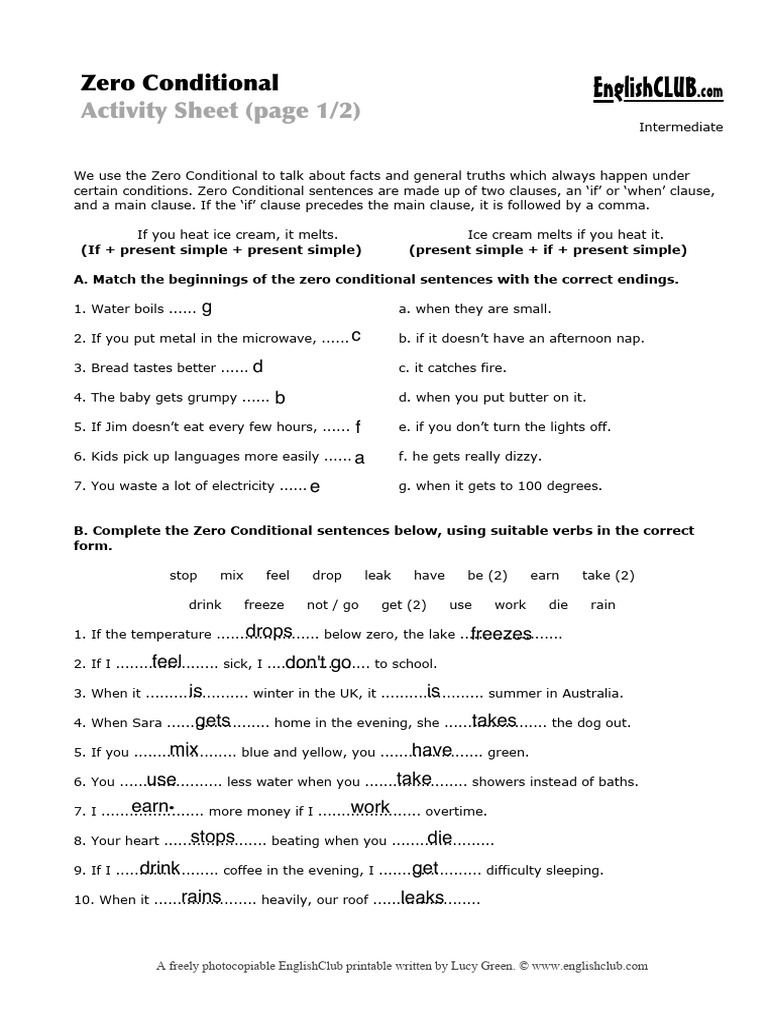 Zero Conditional English Grammar Activity | PDF | Clause | Ice