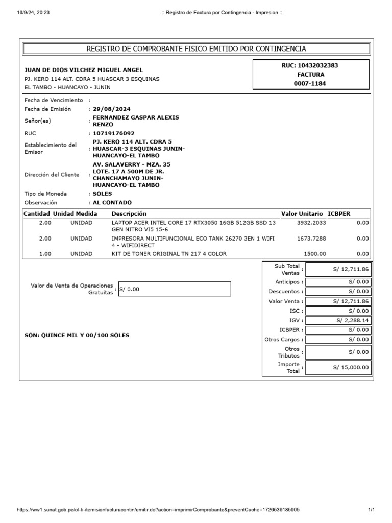 Factura Contingencia: Venta Laptops y Más | PDF