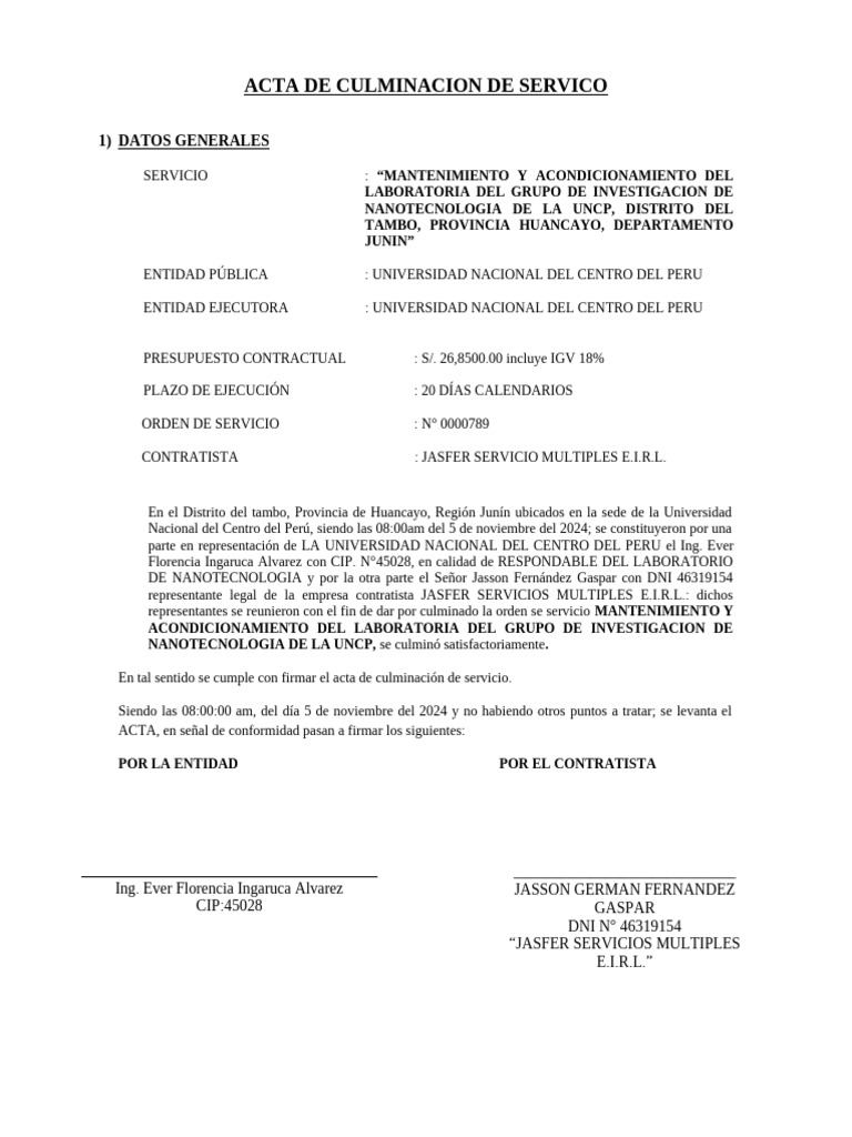 ACTA DE Culminacion de Servicio UNCP | PDF