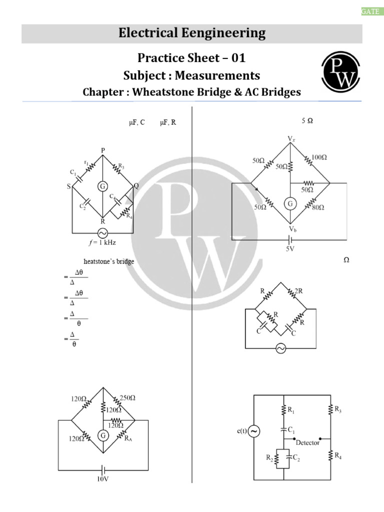 GATE EE: Wheatstone & AC Bridges Practice | PDF | Capacitance | Electrical Resistance And ...