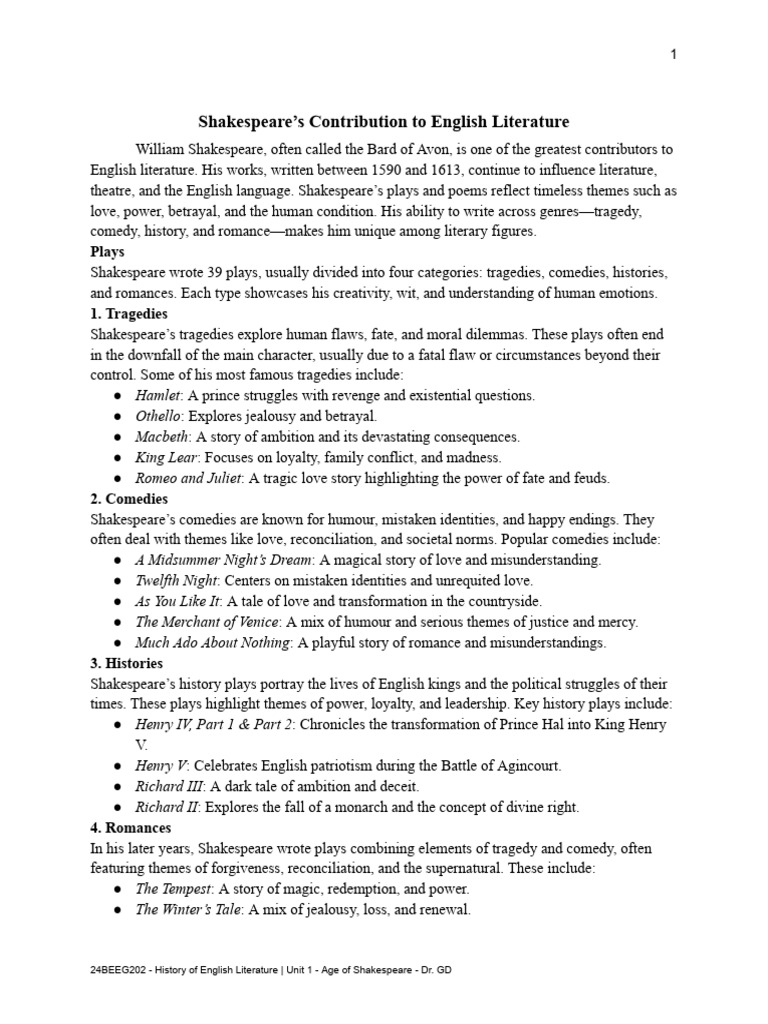 Shakespeare's Impact on English Literature | PDF | William Shakespeare ...