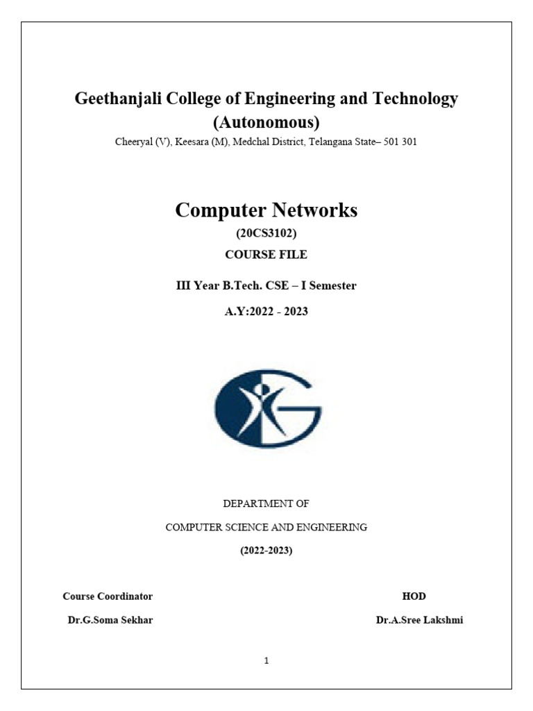 CN-AR20-Course file -3rd year-I Sem-2022-23 | PDF | Computer Network | Internet Protocol Suite