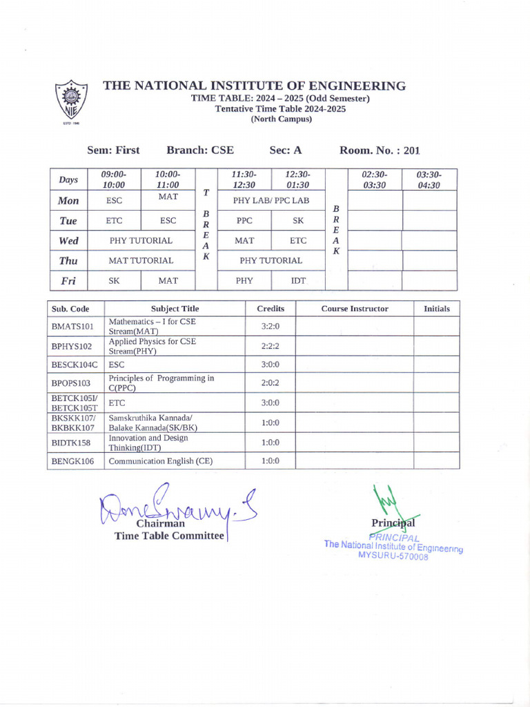 1st Semester Tentative Timetable | PDF