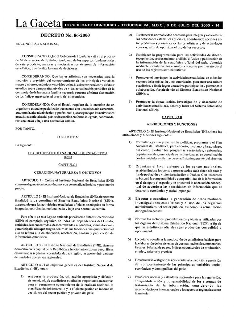Decreto 86 - 2000 - Ley de Creacion - Ine | PDF