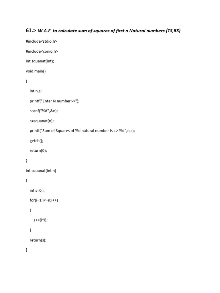 W.a.F To Calculate Sum of Squares of First N Natural Numbers. (TS, RS ...