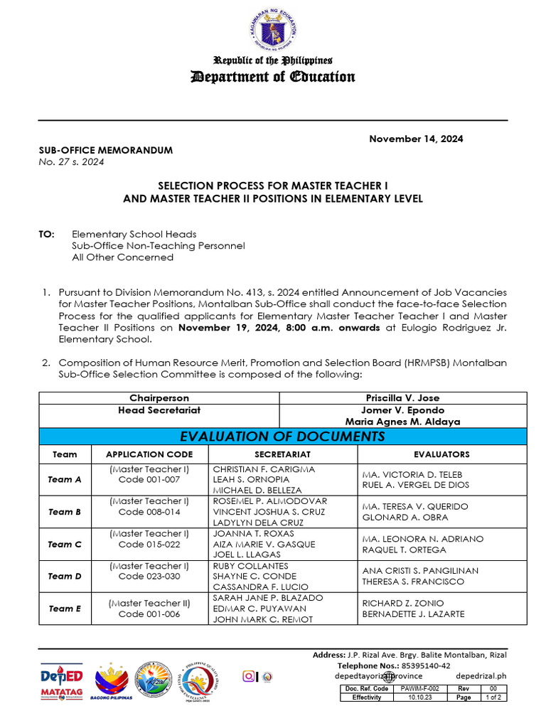 Master Teacher Selection Process Memo | PDF | Philippines