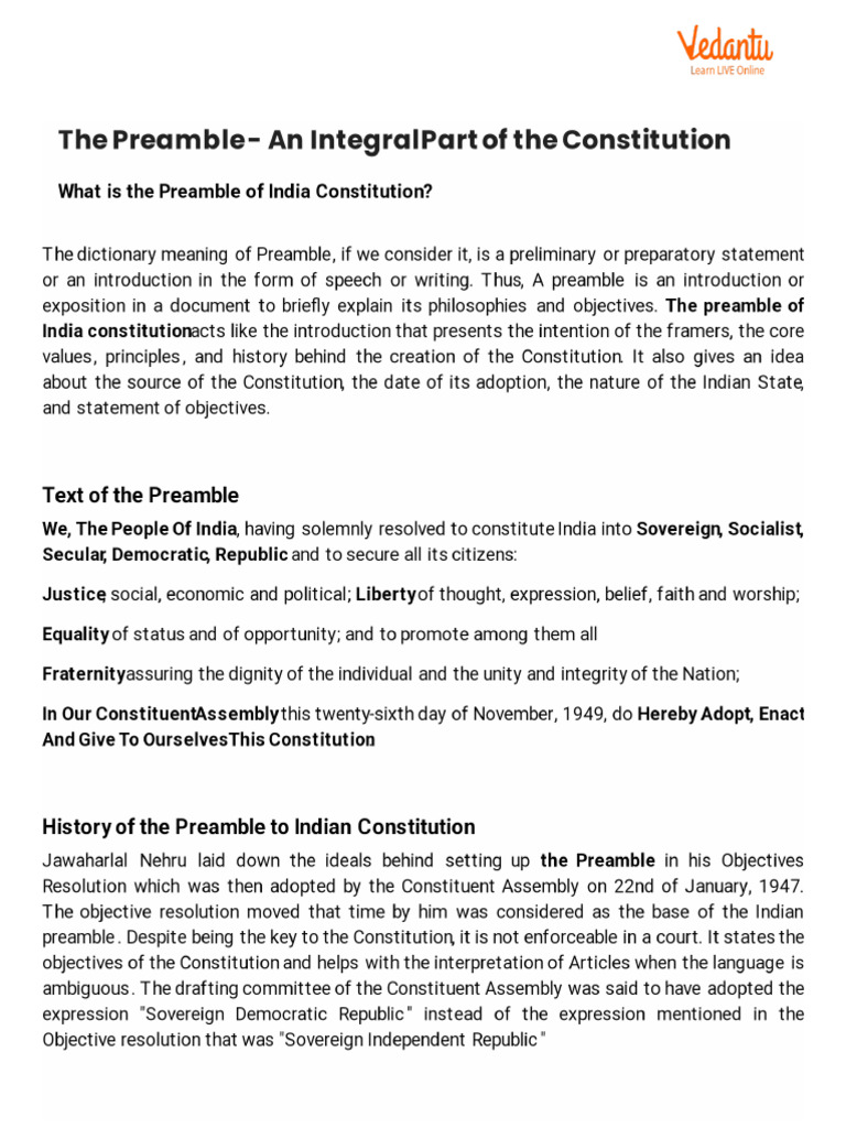 The Preamble - An Integral Part of The Constitution | PDF