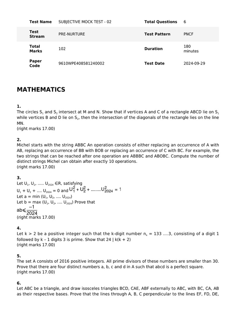 Mathematics: Test Name Total Questions Test Stream Test Pattern Total ...
