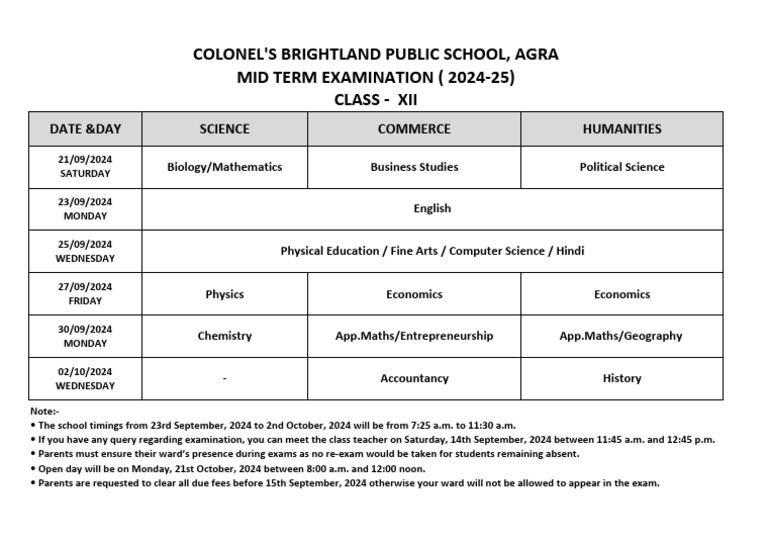 Class XII Midterm Exam Schedule 2024 | PDF