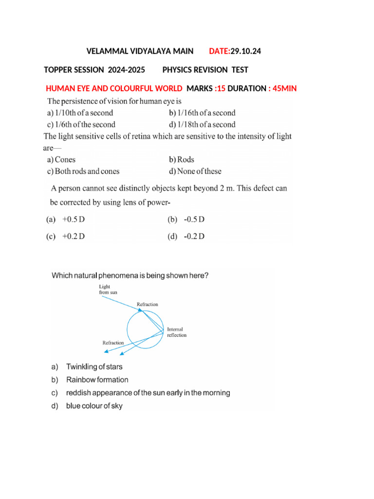 Physics Revision: Human Eye Test 2024 | PDF