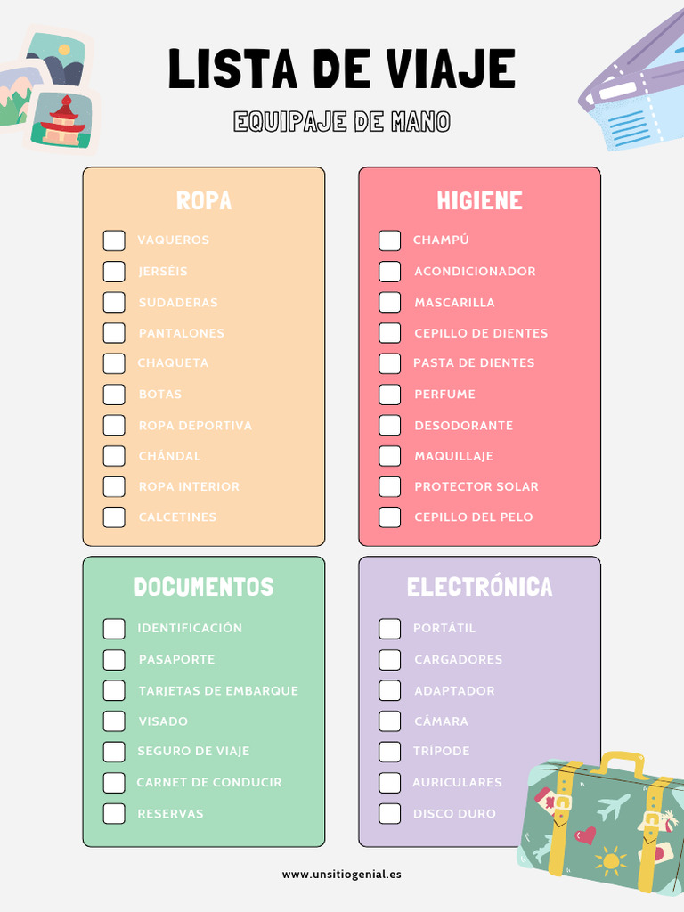 Checklist Lista de Viaje Equipaje Ilustrado y Colorido Multicolor | PDF