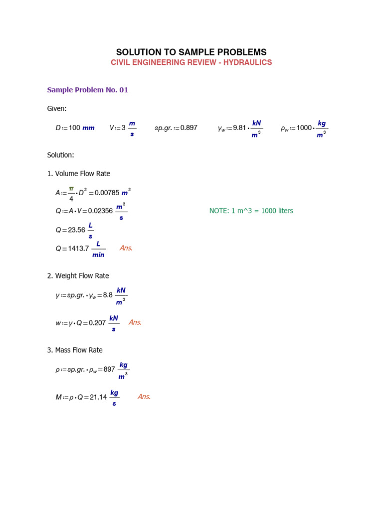 Solution To Sample Problems - Hydraulics | PDF | Classical Mechanics | Applied And ...