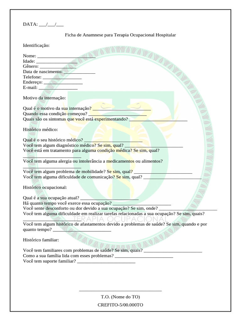 Ficha de Anamnese para Terapia Ocupacional Hospitalar | PDF | Alcoolismo | Sistema de saúde