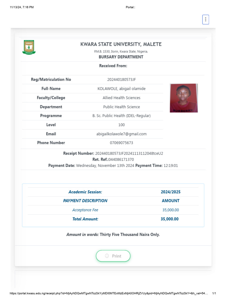 KWASU Acceptance Fee Receipt 2024 | PDF