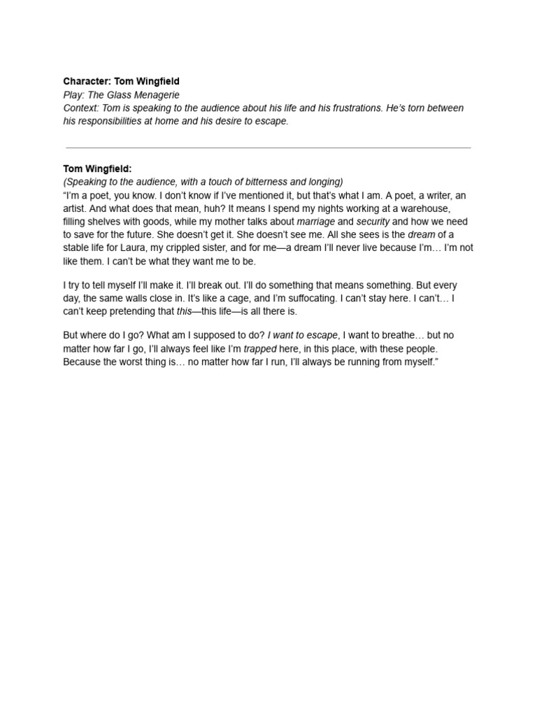 Character - Tom Wingfield | PDF | Poetry