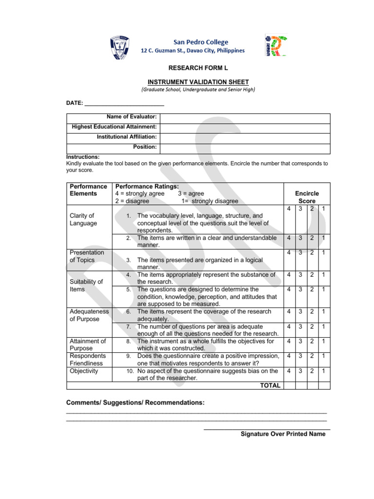 Form L Instrument Validation Sheet Graduate School Undergraduate And