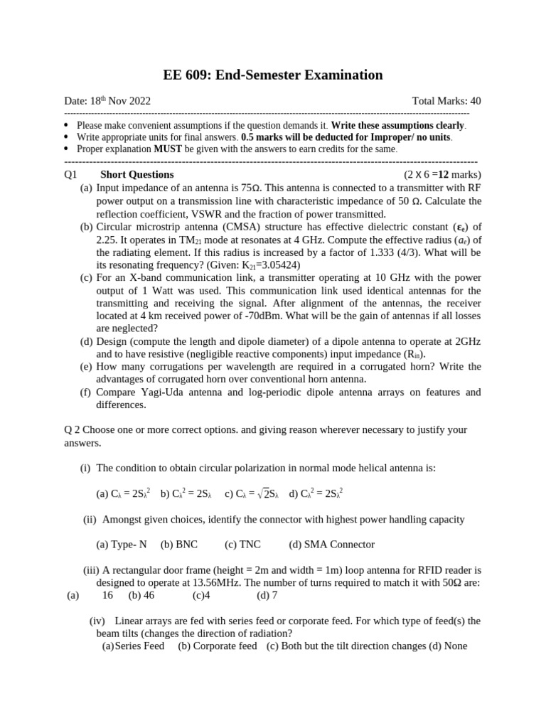 EE609 2022 1 - Endsem | PDF | Antenna (Radio) | Radio