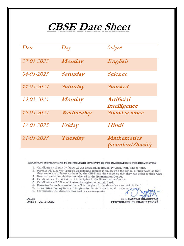 CBSE Date Sheet Class 10 | PDF