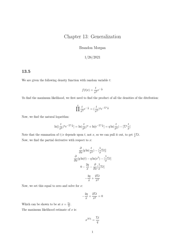 Chapter 13: Generalization: Brandon Morgan 1/26/2021 | PDF | Probability Theory | Statistical Theory