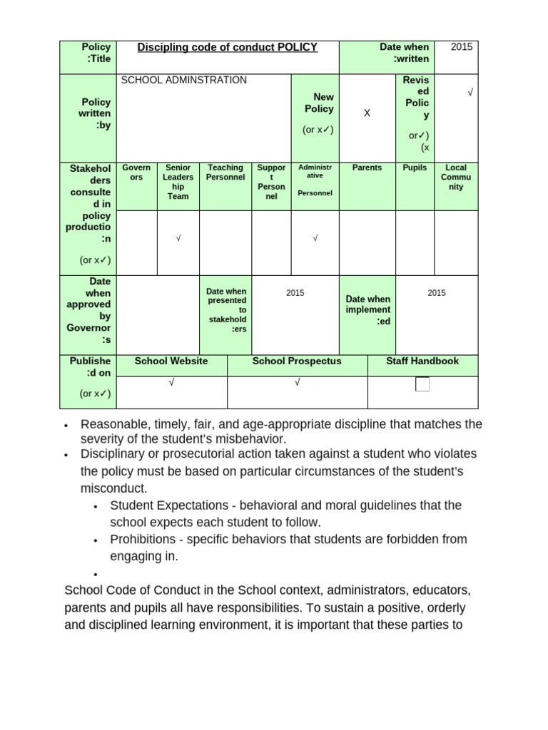 Discipling Code of Conduct POLICY | PDF | Teachers | Disciplines