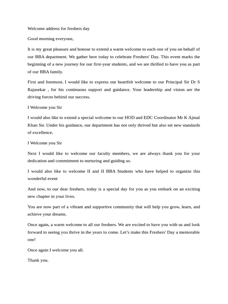 Freshers Day Welcome Address | PDF