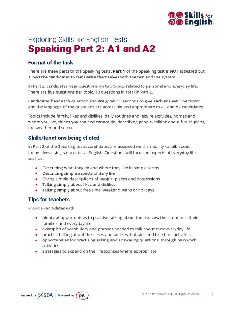 SfE Speaking A1 A2 Part2 | PDF | Question | Cognitive Science