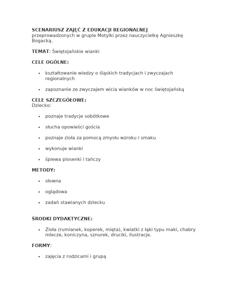 Scenariusz Zajęć Z Edukacji Regionalnej | PDF