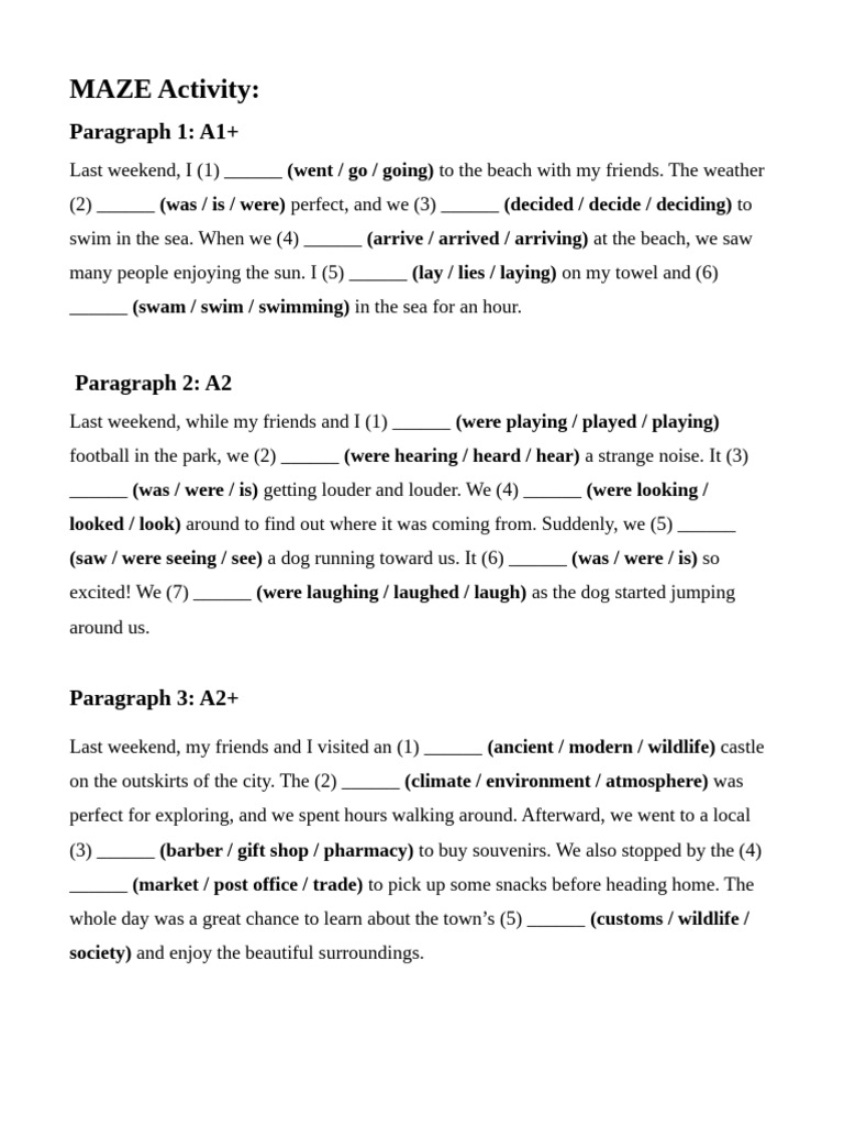 MAZE Activity:: Paragraph 1: A1+ | PDF | Language Arts & Discipline | Foreign Language Studies
