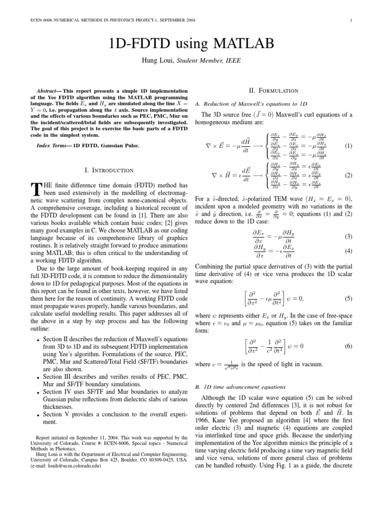 1d-Fdtd Using Matlab | PDF | Computational Electromagnetics | Waves