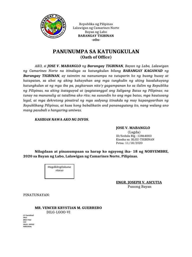 Panunumpa Brgy | PDF