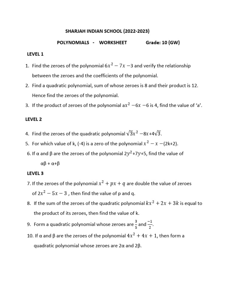 Polynomial Work Sheet-New | PDF