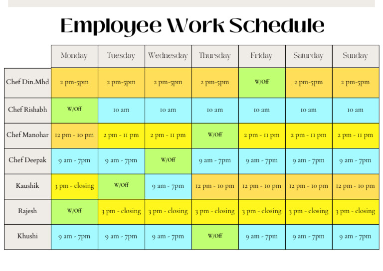 Weekly Chef Shift Schedule | PDF | Cooking, Food & Wine