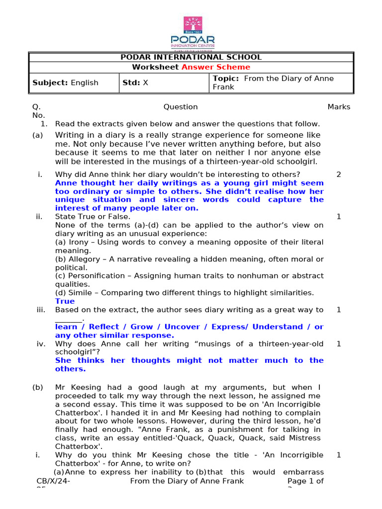 Anne Frank Diary Worksheet Answers | PDF | Anne Frank