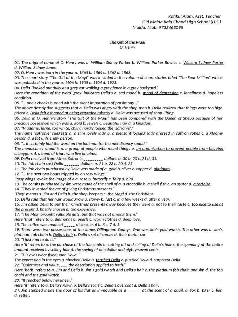 Gift of the Magi MCQ Quiz and Answers | PDF