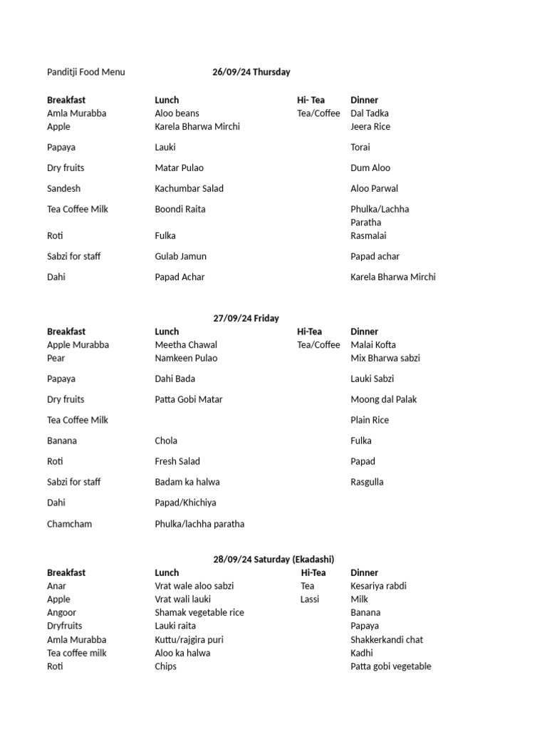 Panditji Weekly Vegetarian Menu | PDF | Indian Cuisine | Food And Drink