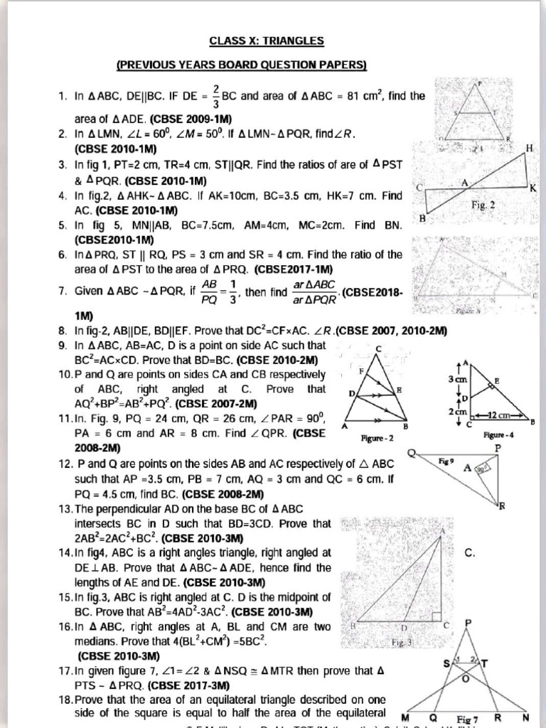 Class 10 - Triangles (Previous Questions) | PDF | Elementary Mathematics | Euclidean Plane Geometry