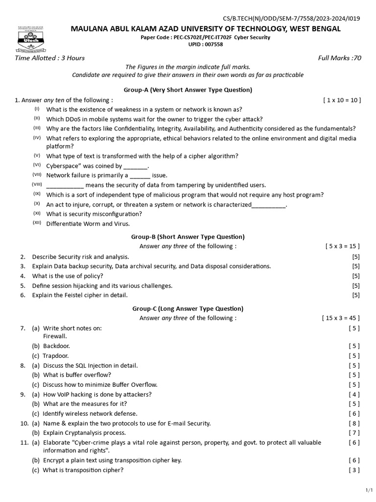 Btech Cse 7 Sem Cyber Security Pec Cs702e 2024 | PDF | Telecommunications | Secure Communication