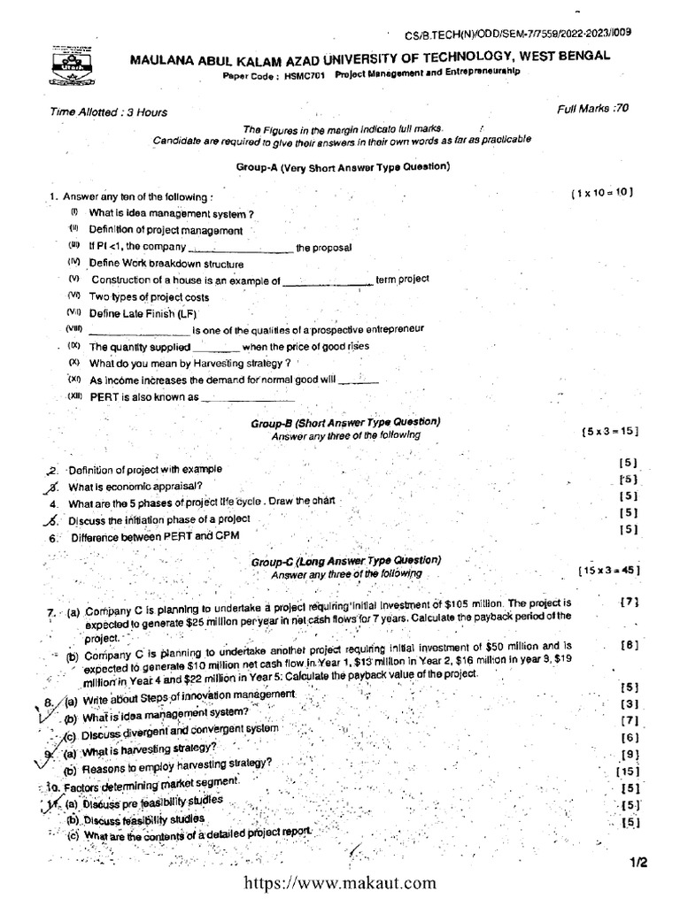 Btech HSMC 7 Sem Project Management and Entrepreneurship Hsmc701 2023 | PDF